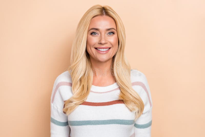 Portrait Of Optimistic Pretty Girl With Wavy Hairdo Wear Striped