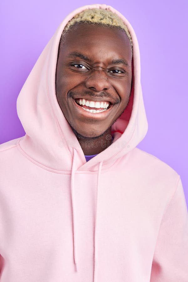 Portrait of Optimistic Smiling Afro Guy in Trendy Pink Pullover Stock ...