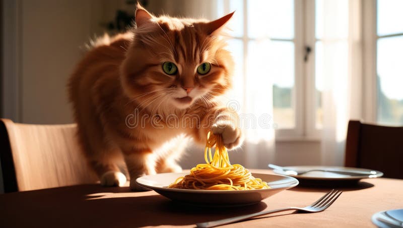 Portrait of an Orange Cat Stealing Noodles on the Table Stock ...