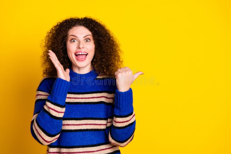 Portrait Of Overjoyed Girl With Wavy Hairstyle Wear Knit Pullover