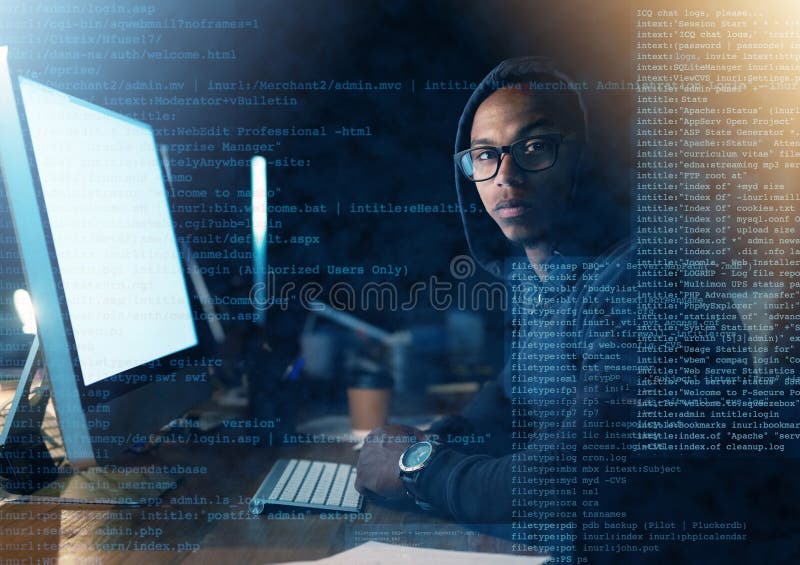 Portrait Overlay And Man Hacking Computer With Coding For Cybercrime Software Development And