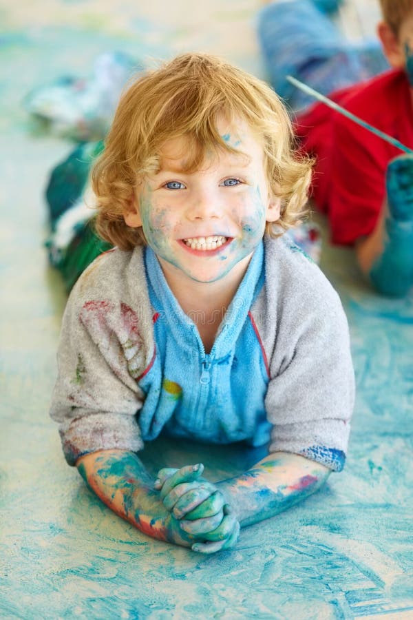 Portrait, Paint and a Boy Lying on the Floor of a Studio for Creative ...