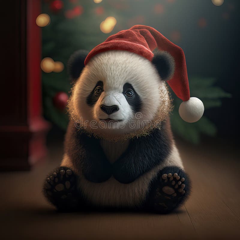 Portrait of a Panda with Santa Hat, Illustration Stock Illustration ...