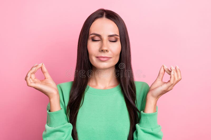 Portrait Of Peaceful Positive Relaxed Girl Straight Hairstyle Wear