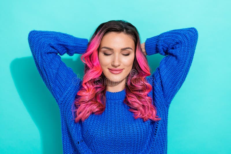 Portrait Of Peaceful Sweet Shiny Woman With Wavy Hairstyle Wear Knit