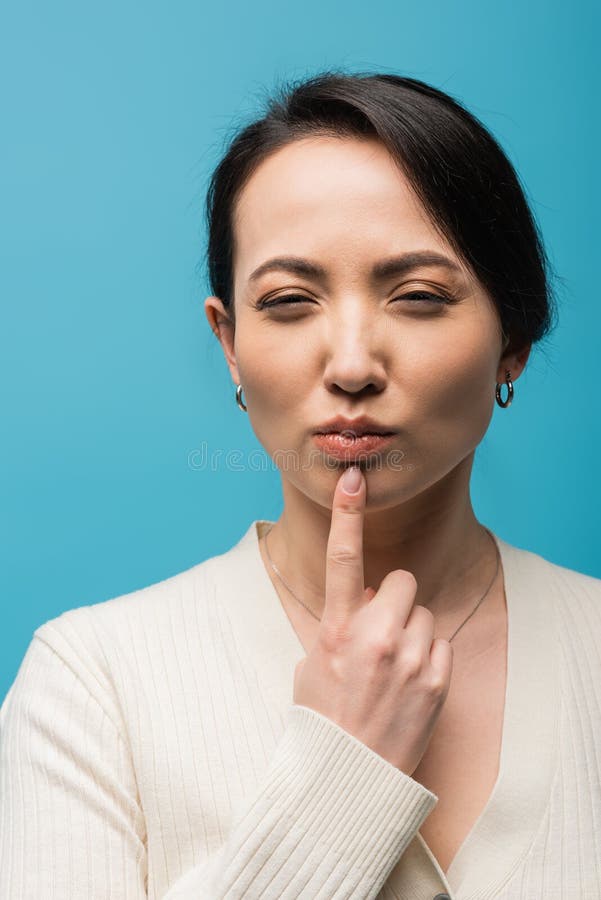 Portrait Of Pensive Asian Woman Touching Stock Image Image Of Blue