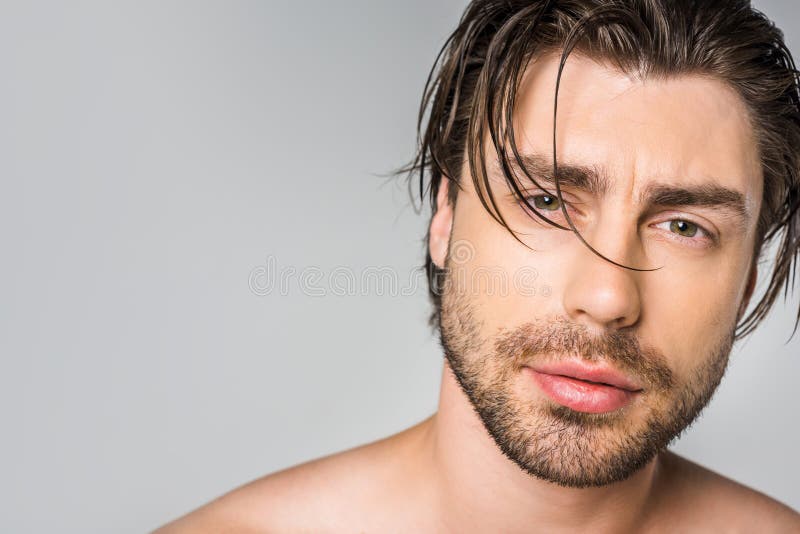 Portrait of Pensive Handsome Shirtless Man Looking at Camera Stock ...