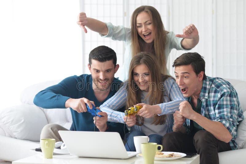 Portrait of People Playing Computer Game with Laptop Stock Photo ...