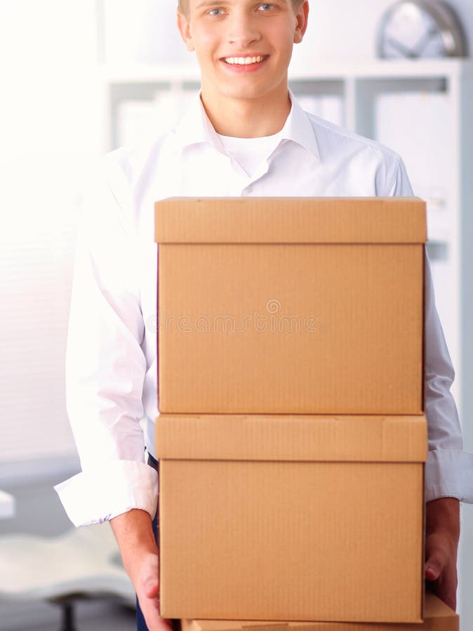 Portrait of a Person with Moving Box and Other Stuff Isolated on White ...