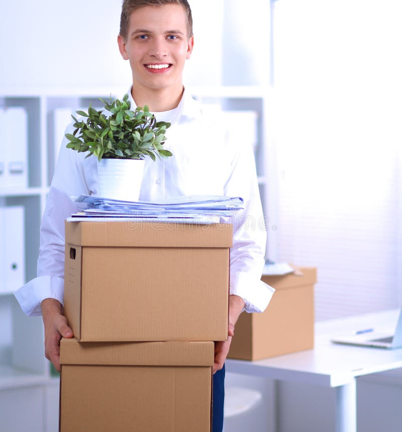 Portrait of a Person with Moving Box and Other Stuff Isolated on White ...