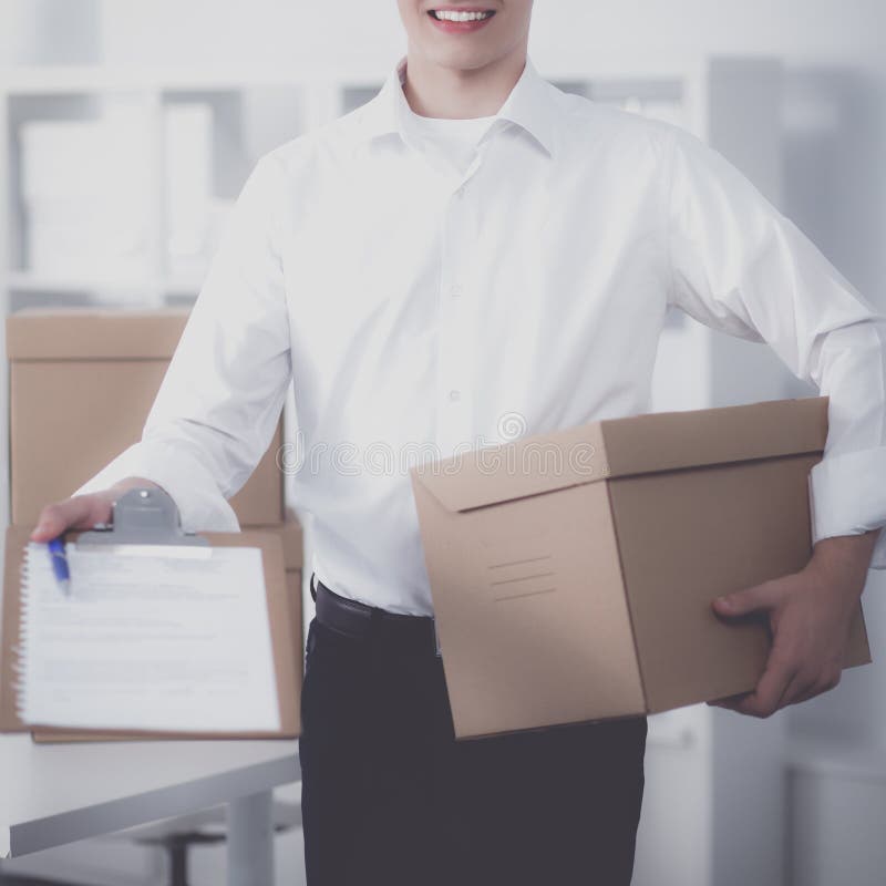 Portrait of a Person with Moving Box and Other Stuff Isolated on White ...
