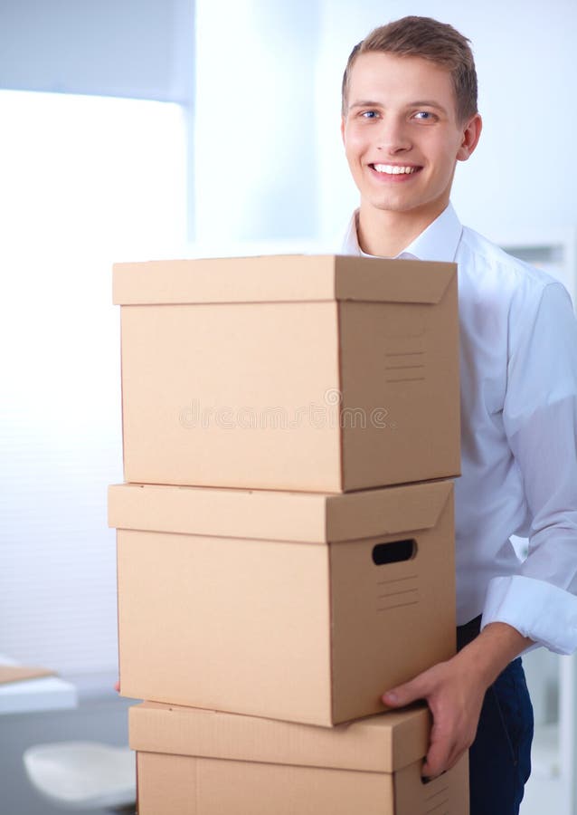 Portrait of a Person with Moving Box and Other Stuff on White Stock ...