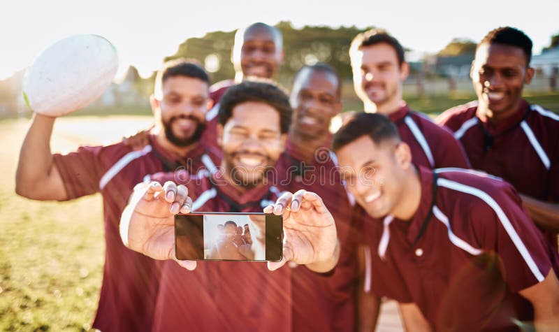 Portrait, Phone and Selfie of Rugby Team on Field after Exercise ... Portrait, Phone and Selfie of Rugby Team on Field after Exercise ...