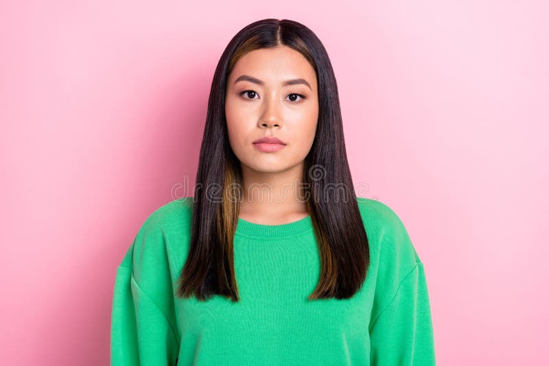 Portrait Photo Of Young Attractive Japanese Woman Wear Green Stylish