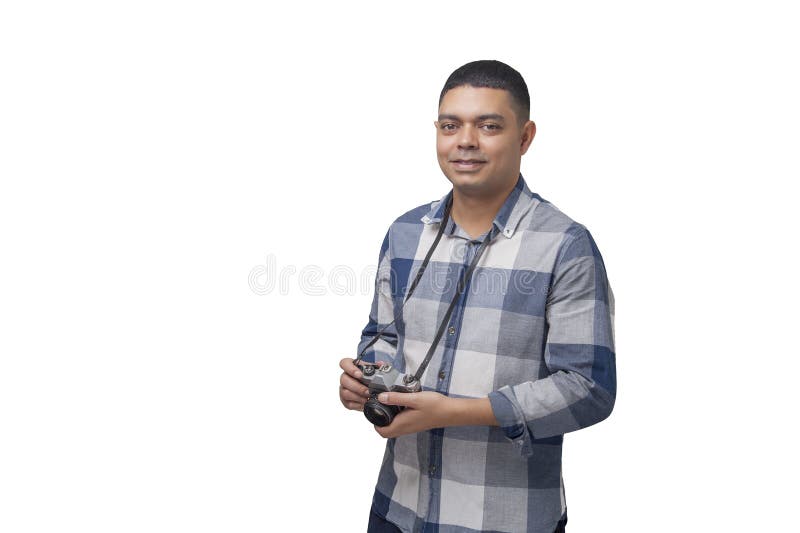 Portrait of Photographer with Vintage Camera on Neutral Background ...