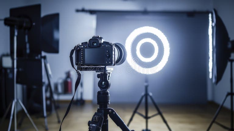 Portrait Photography Setup Featuring Ring Light and Camera in Studio ...