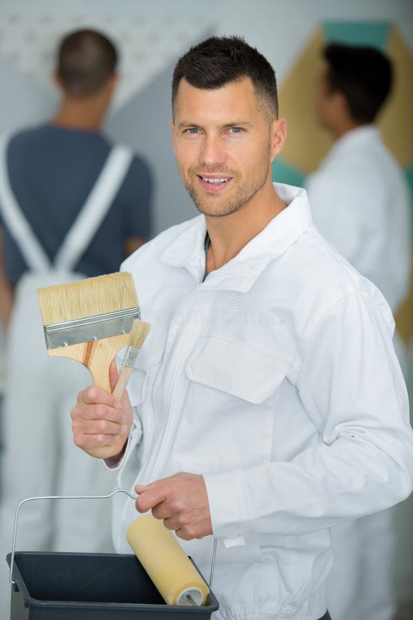 Portrait Picture Painter Holding Brush and Bucket Stock Image - Image ...
