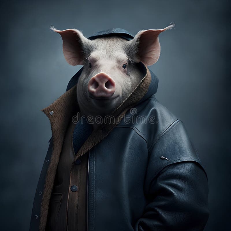 Portrait of a Pig in a Leather Jacket on a Dark Background Stock ...