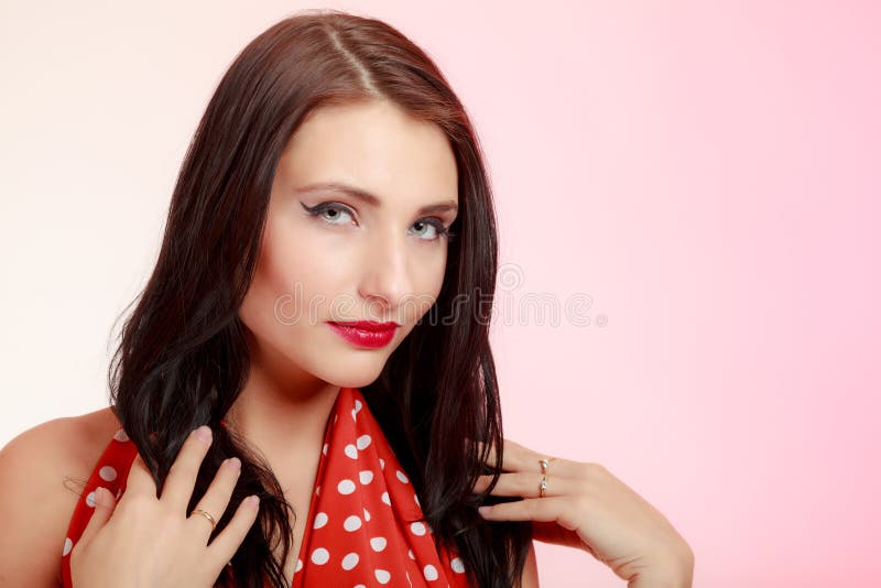 Portrait Pinup Girl Brunette Woman In Retro Red Dress Vintage Stock