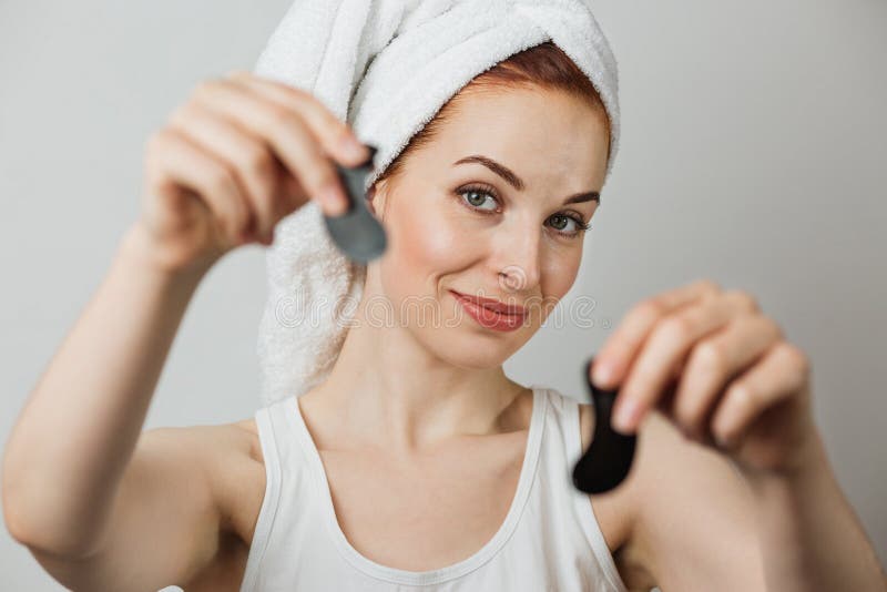 Portrait of Pleasant Caucasian Young Woman in Towel with Healthy Skin ... Portrait of Pleasant Caucasian Young Woman in Towel with Healthy Skin ...