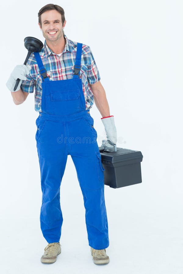 Happy Plumber with Plunger and Toolbox Walking on White Background ...