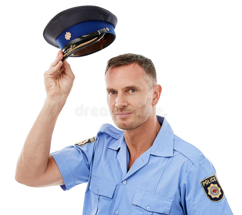 Portrait, Police Officer and Man Isolated on a White Background, Hat ...