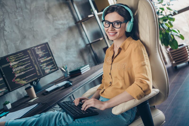 Portrait of Positive Attractive Hacker Lady Sitting Chair Keyboard ...
