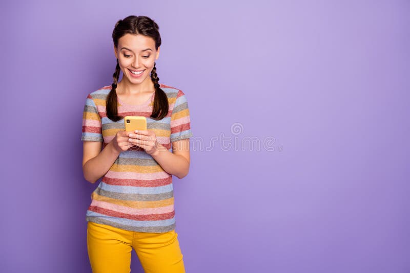 Portrait Of Positive Cheerful Girl Relax Rest Use Her Smartphone Read