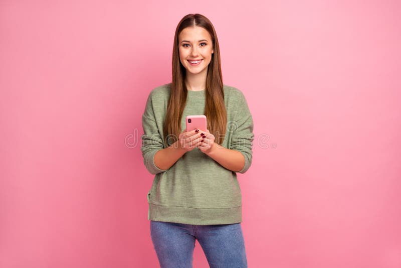 Portrait Of Positive Cheerful Girl Use Cellphone Enjoy Subscribe Social
