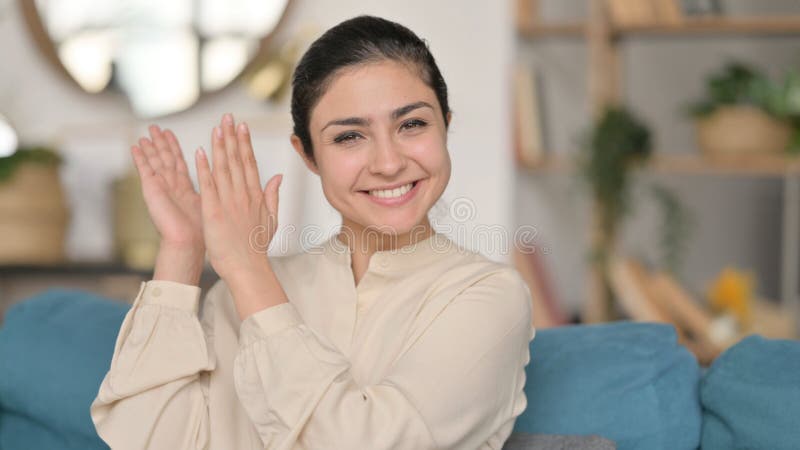 Portrait of Positive Indian Woman Clapping at Home Stock Photo - Image ...