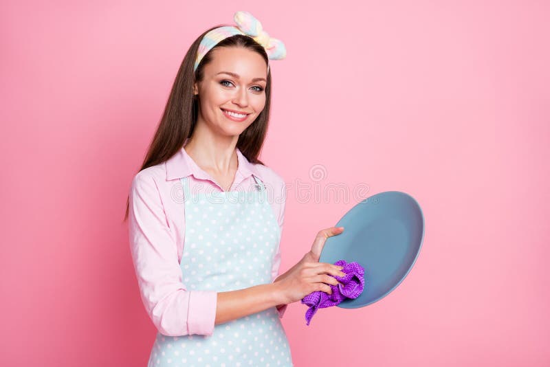 Portrait Of Positive Maid Wife Girl Wash Kitchenware Purple Rag Enjoy