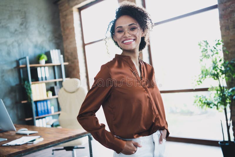 Portrait of Positive Pretty Representative Lady Put Hands Pockets ...