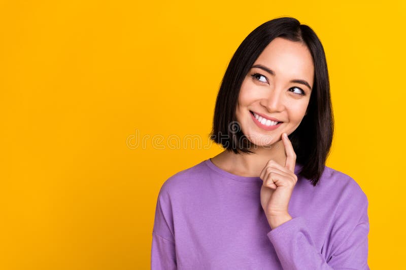 Portrait Of Positive Woman With Straight Hairstyle Wear Purple Shirt