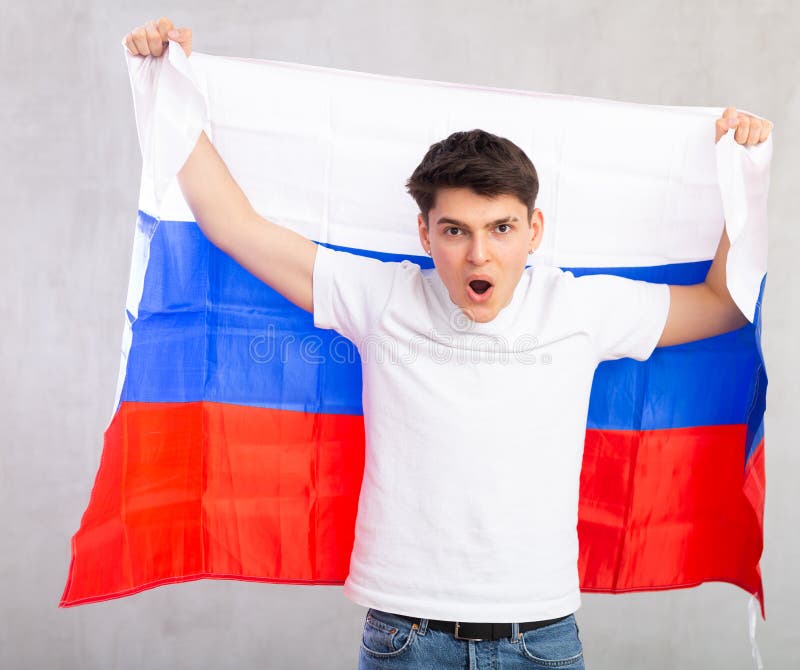 Portrait of Positive Young Man with Flag of Russia Stock Photo - Image ...