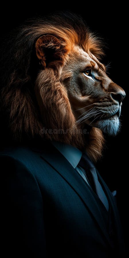Portrait of a Powerful Lion Wearing a Suit on a Black Background ...