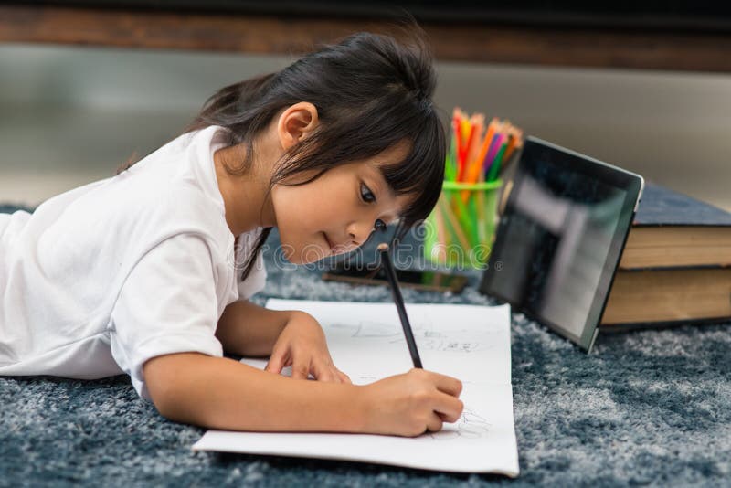 Portrait of Preschool Kid Using Tablet for His Homework,Soft Focus of ...