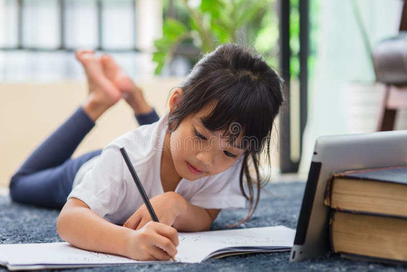 Portrait of Preschool Kid Using Tablet for His Homework,Soft Focus of ...