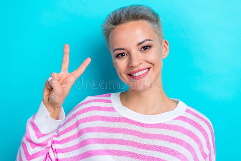 Portrait Of Pretty Cheerful Girl With Dyed Hairdo Wear Stylish Pullover