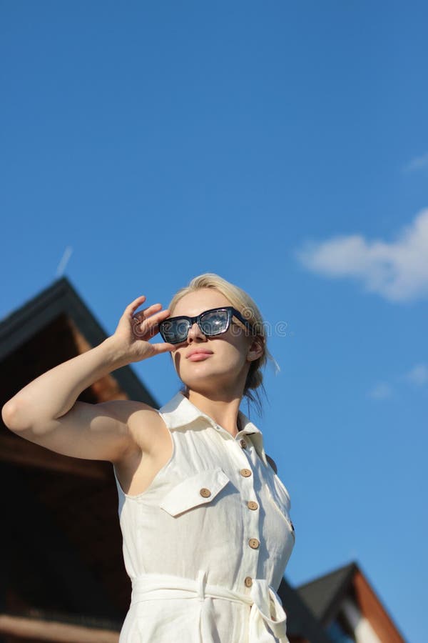 Portrait of Pretty Cute Young Woman in Sunglasses, Bottom View Stock ...
