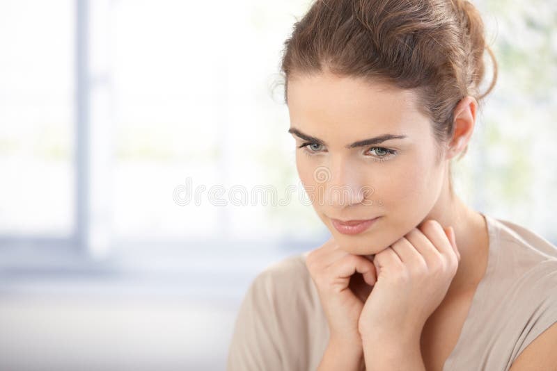 Portrait of Pretty Female Thinking Stock Image - Image of indoors ...