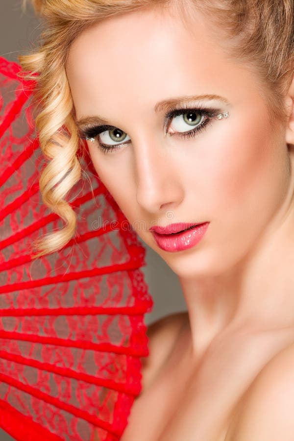 Portrait of Pretty Girl with Textile Fan in Hand Stock Image - Image of ...