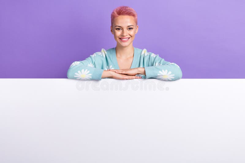 Portrait Of Pretty Lovely Nice Girl With Pink Hairdo Wear Blue Pullover