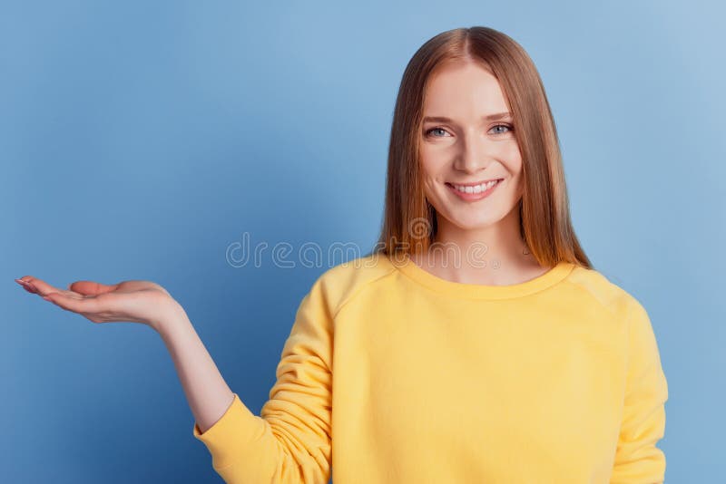 Portrait Of Pretty Promoter Lady Hand Hold Empty Blank Space Invisible