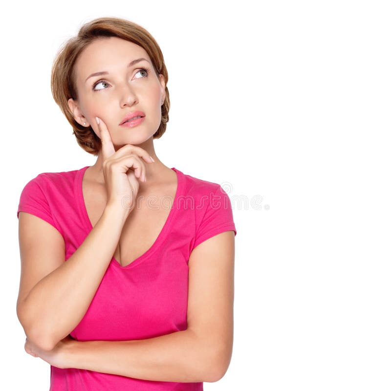 Portrait of the Pretty Thinking Woman on White Stock Image - Image of ...
