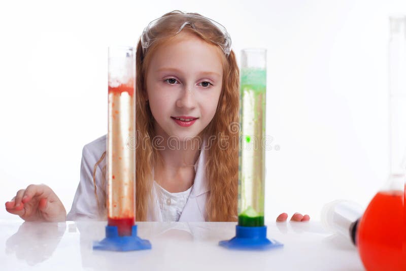 Portrait of Pretty Young Girl Looking at Flasks Stock Image - Image of ...