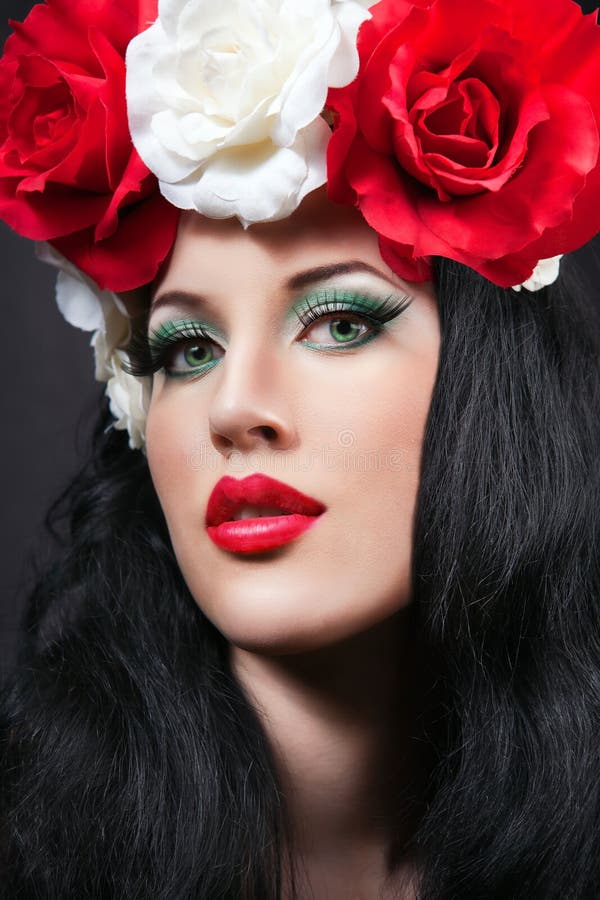 Portrait of Pretty Young Girl with Roses Stock Image - Image of makeup ...