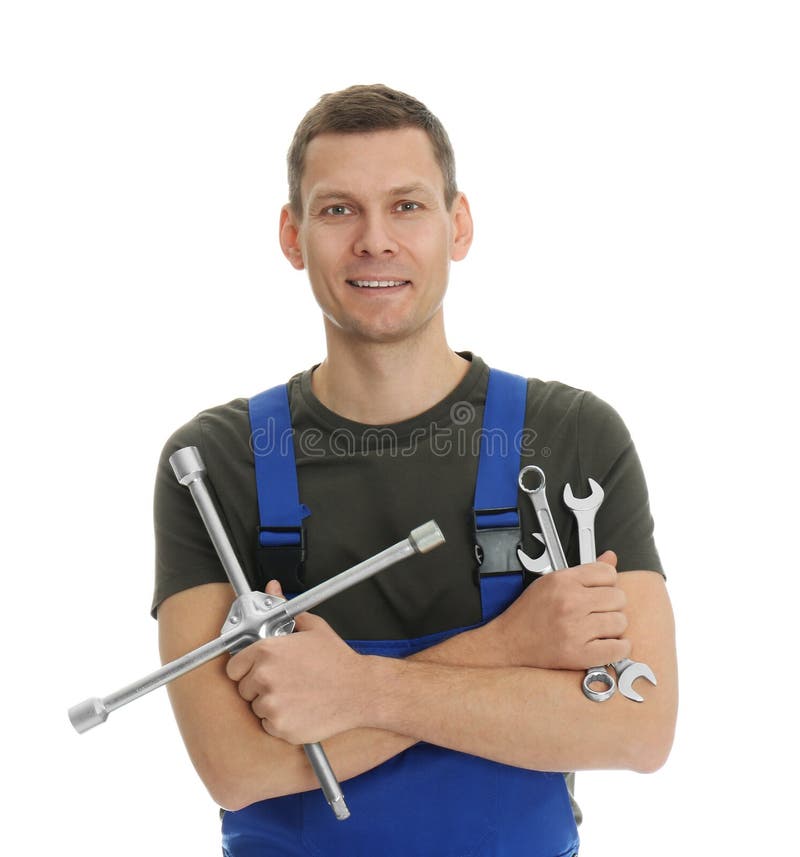 Portrait of Professional Auto Mechanic with Wrenches on White ...