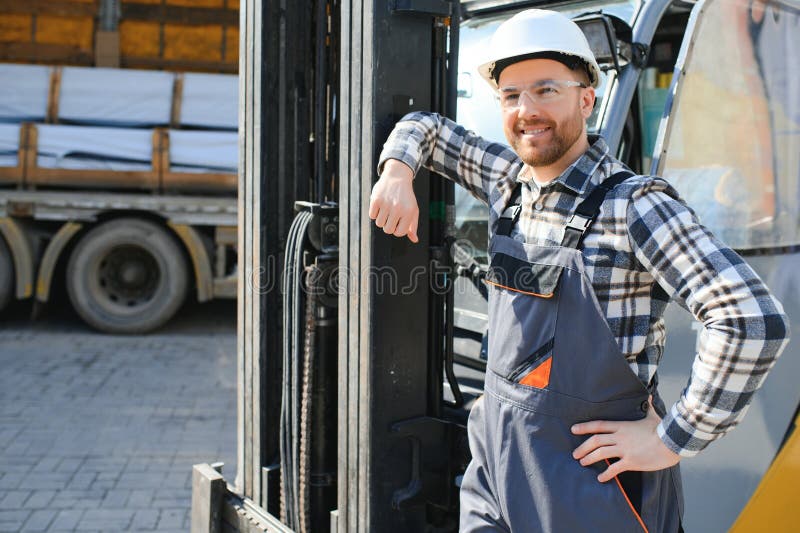 Portrait of Professional Forklift Driver in Factory S Warehouse Stock ...