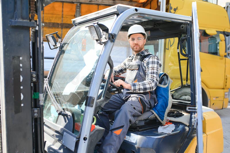 Portrait of Professional Forklift Driver in Factory S Warehouse Stock ...