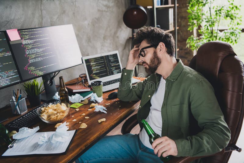 Portrait of Professional Hacker Young Man Beer Chips Mess Computer Desk ...